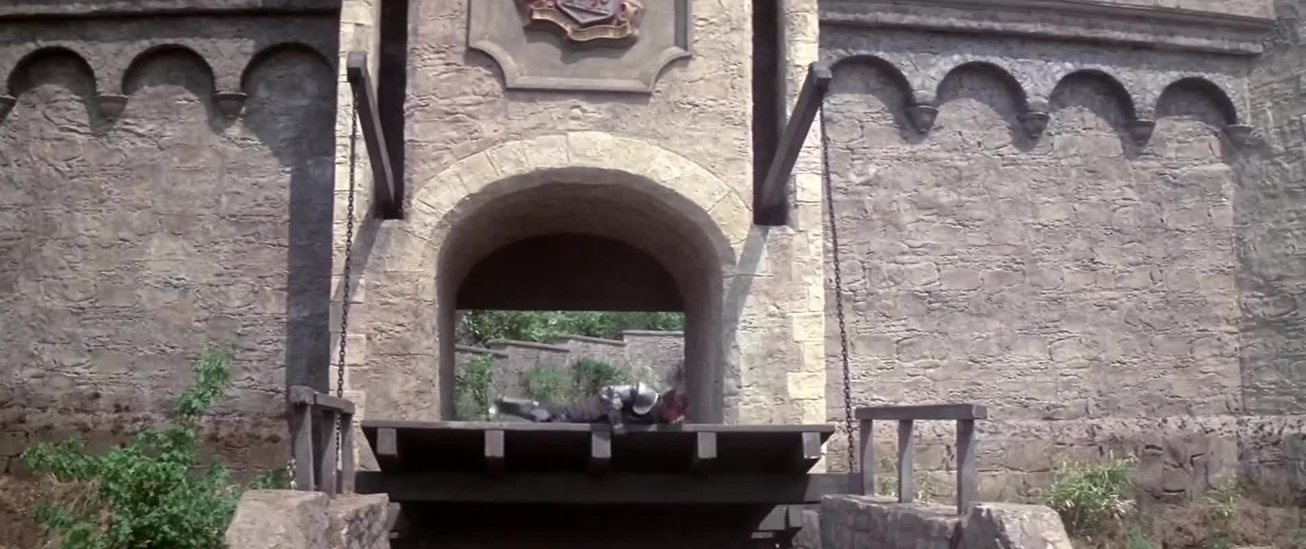 (drawbridge raising) - (screaming)- (splashing) (explosion) ("Tiptoe ...