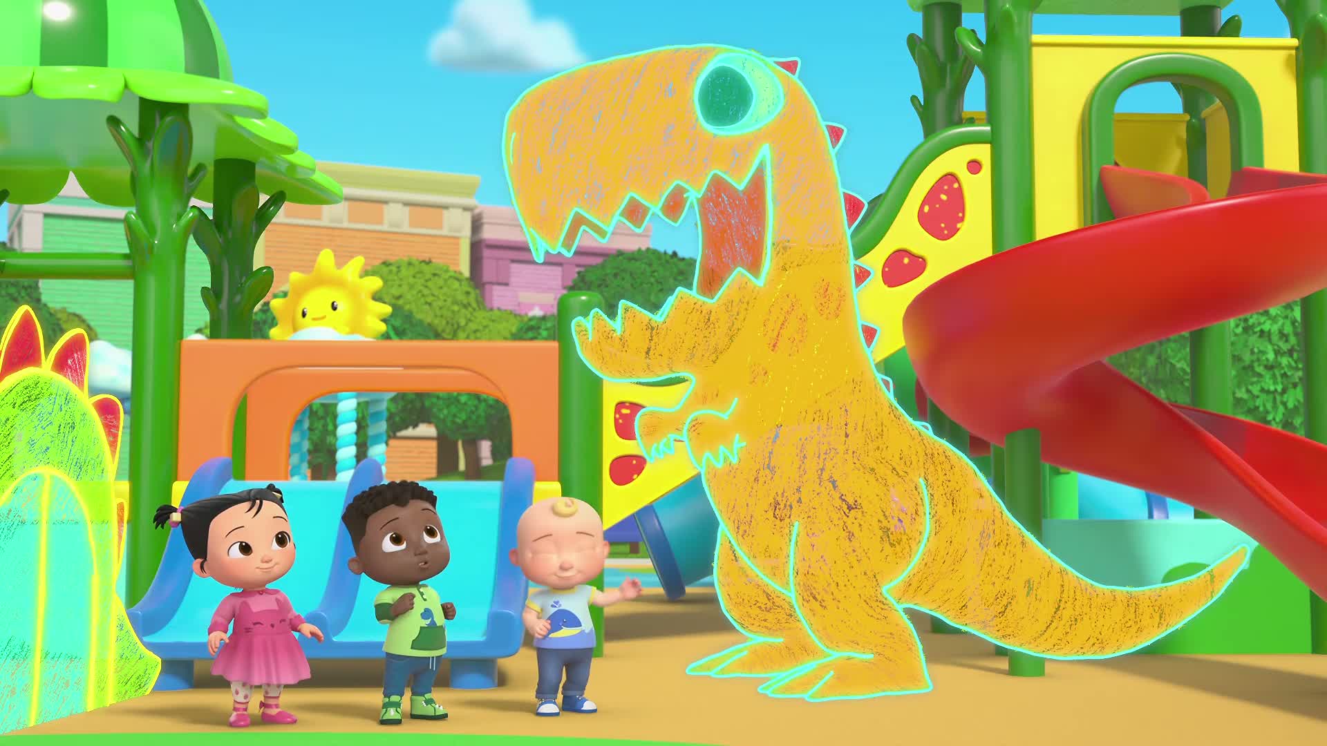 Look, a Tyrannosaurus rex. Whoa, it's so big. - CoComelon Lane | Clip.Cafe
