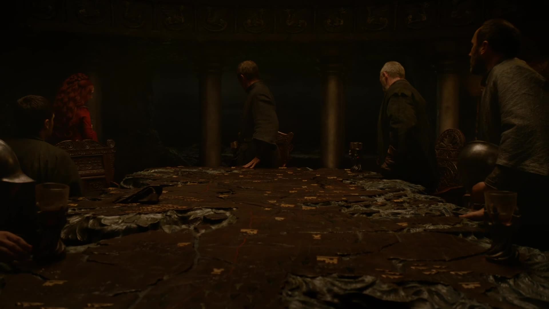 (THUDS) (MEN MURMURING) The night is dark and full of terrors, old man ...