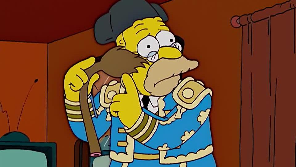 Grampa Simpson's movements are tentative, as if he is distracted ...