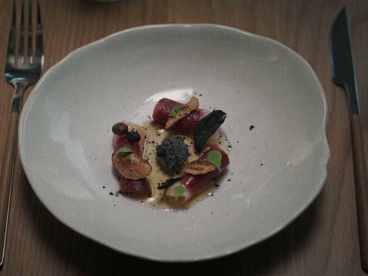 Salt-cured duckwith a roasted chestnut, black garlic rock, ant and ...